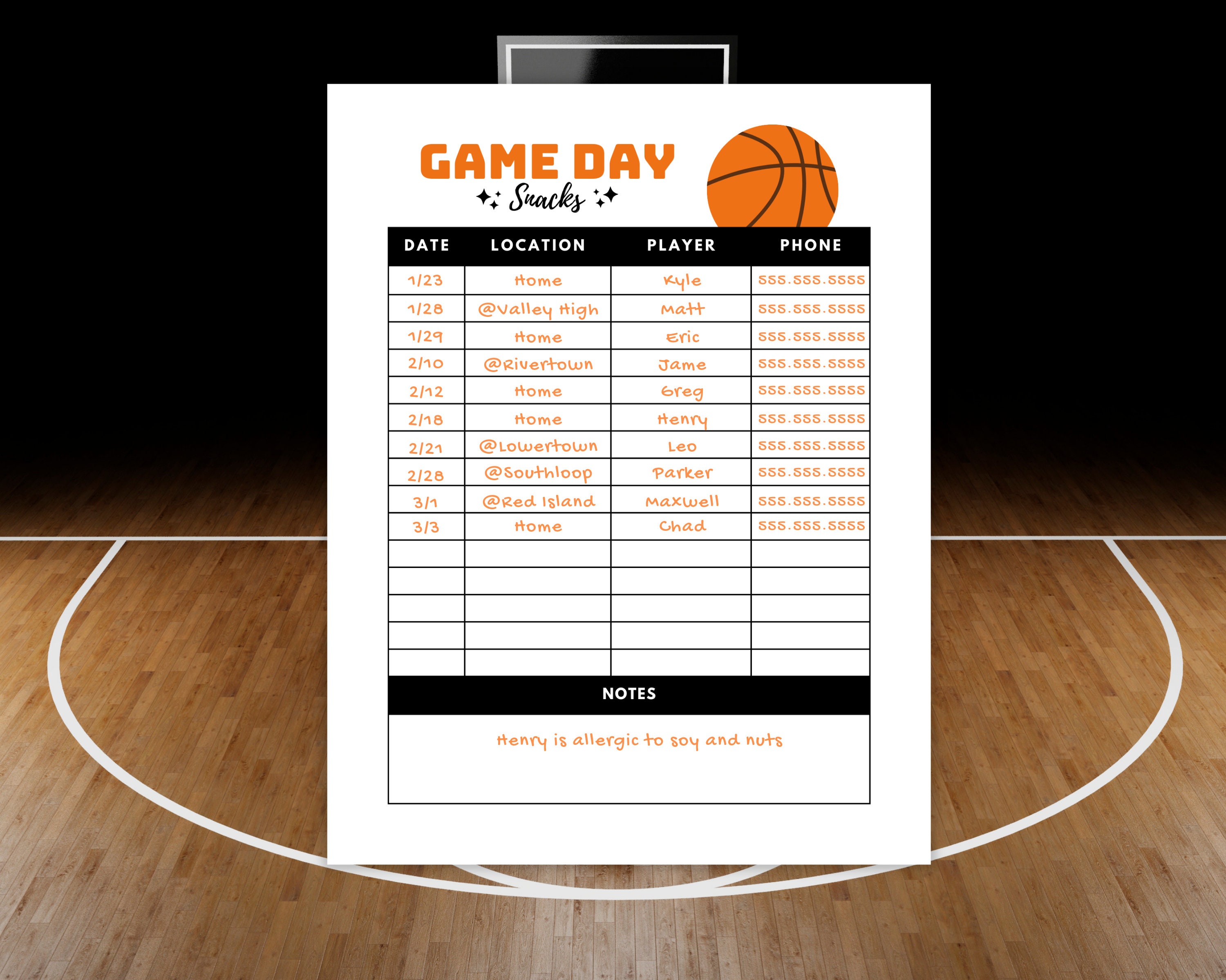 Basketball Snack Schedule Sign up Sheet: Editable Canva Template ...