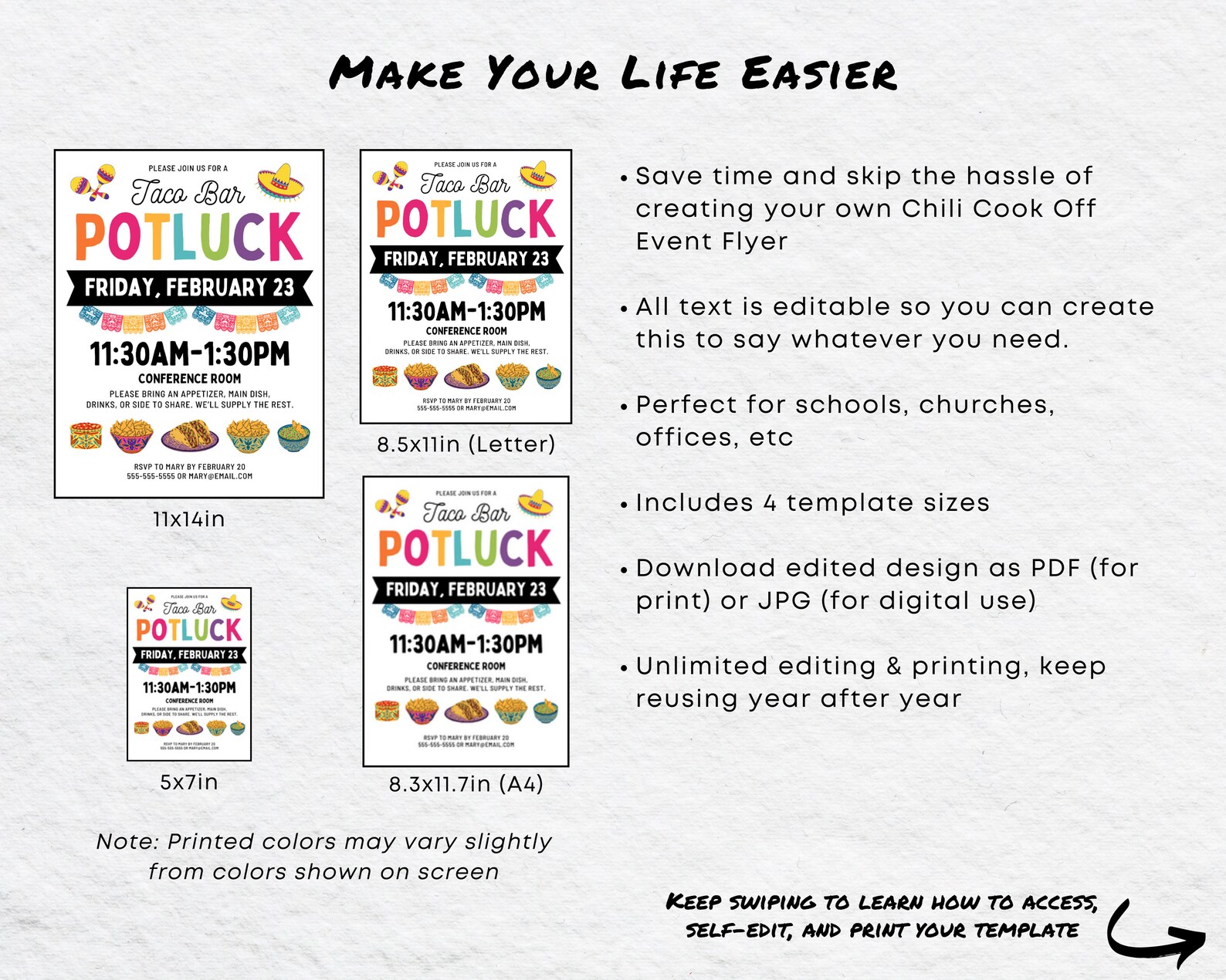 Taco Bar Potluck Flyer | Editable Fiesta Party Template (canva, Digital ...