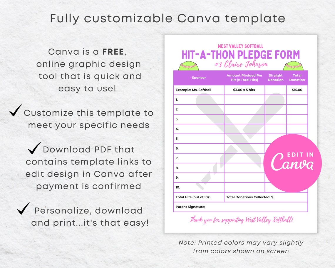 Editable Softball Hit-a-thon Fundraiser Form Pledge Sheet Canva ...