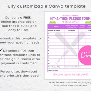 Editable Softball Hit-a-thon Fundraiser Form Pledge Sheet Canva Template - Etsy