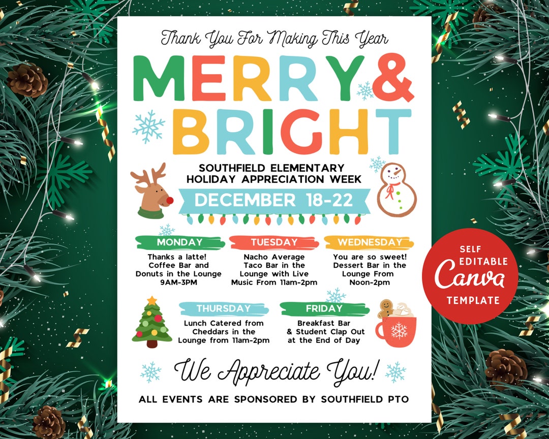 DIY Holiday Teacher Appreciation Week Schedule Flyer, Appreciation Week ...