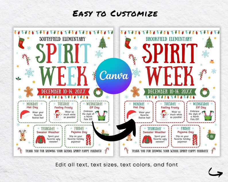 Christmas Spirit Week Itinerary Flyer, Editable Holiday Dress up (canva ...