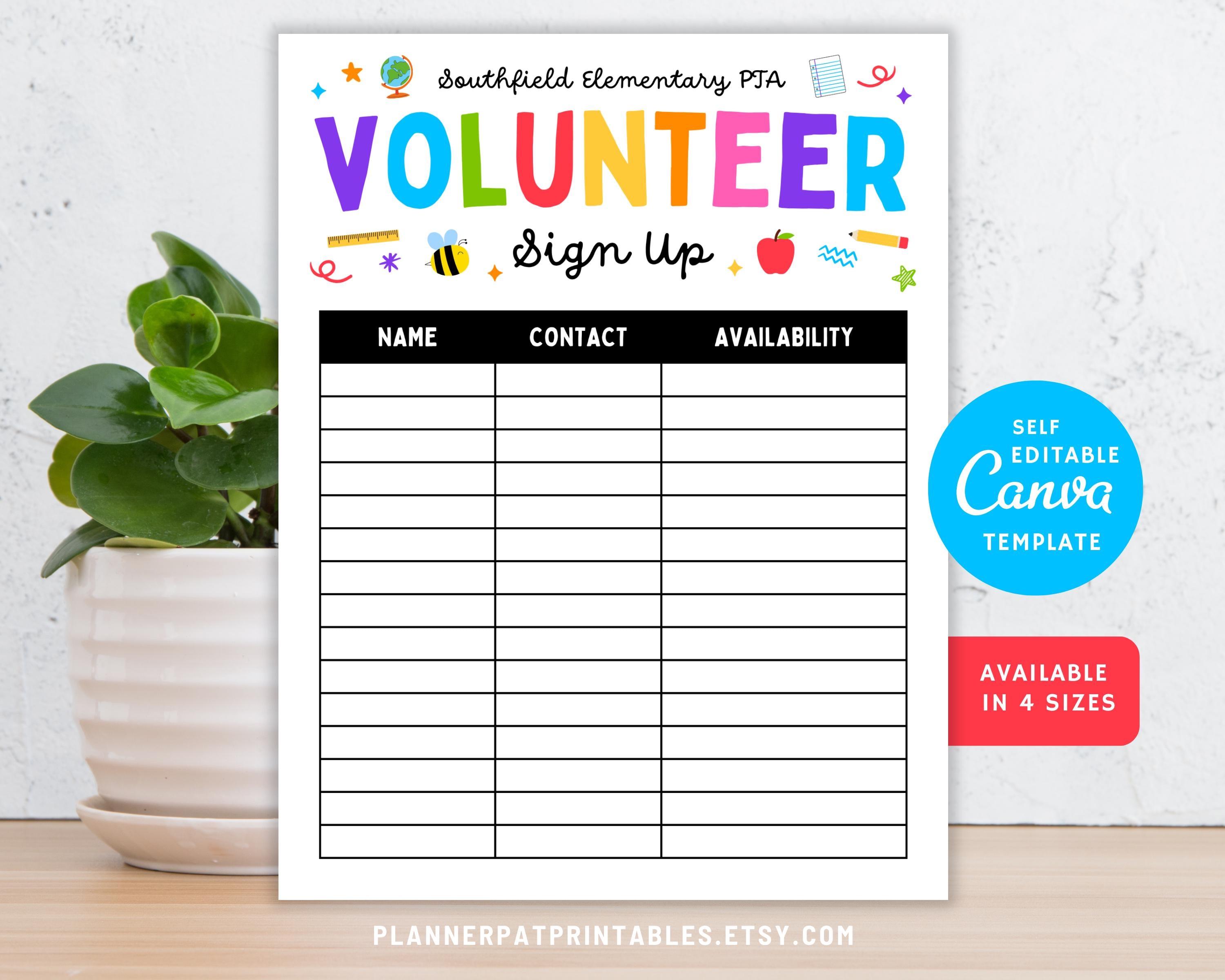 Editable Volunteer Sign up Sheet Template: PTA/PTO Recruitment Form ...