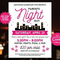EDITABLE Parents Night Out Flyer, Printable PTA, PTO, School Family ...