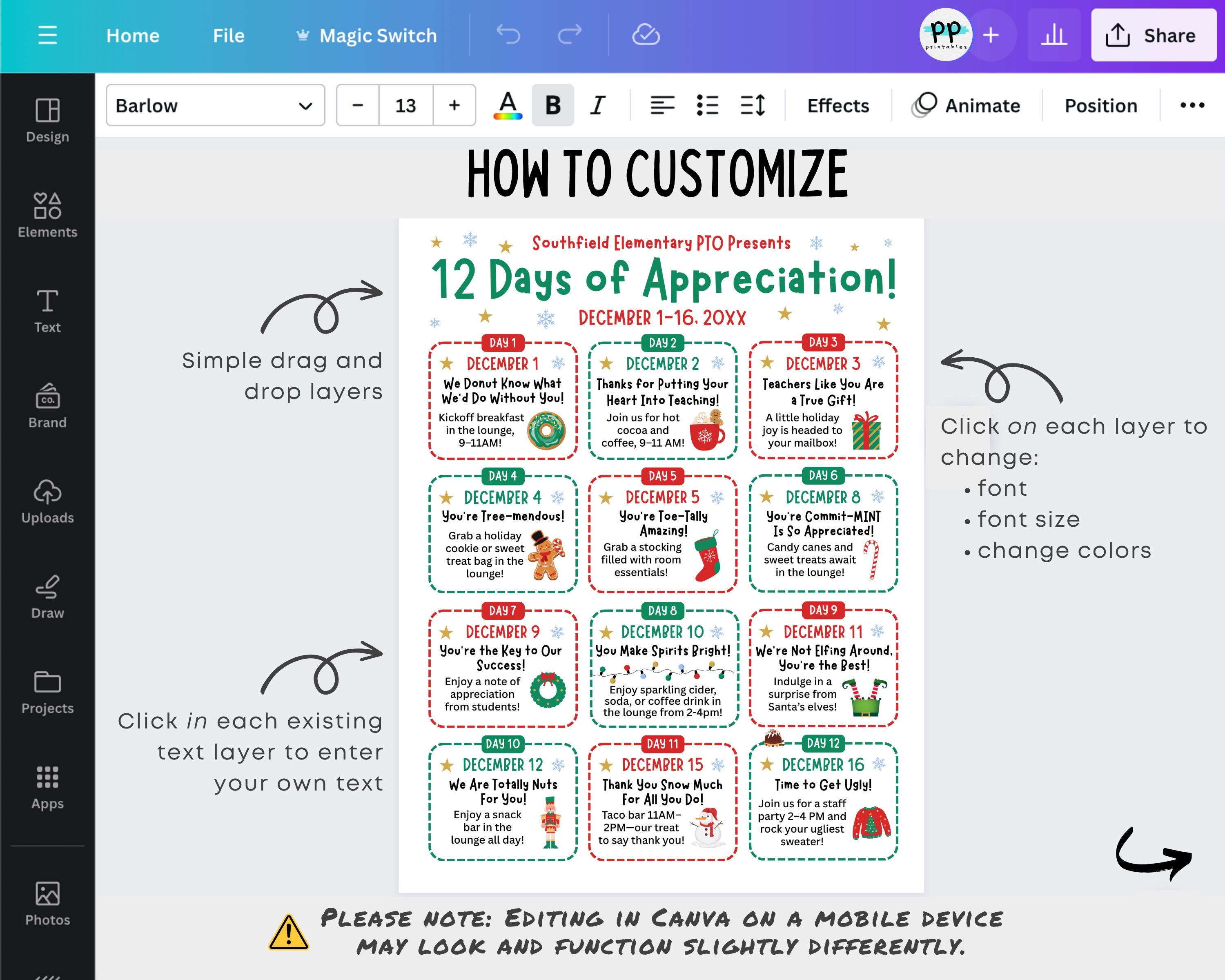 12 Days of Christmas Teacher Appreciation Flyer: Editable Printable ...
