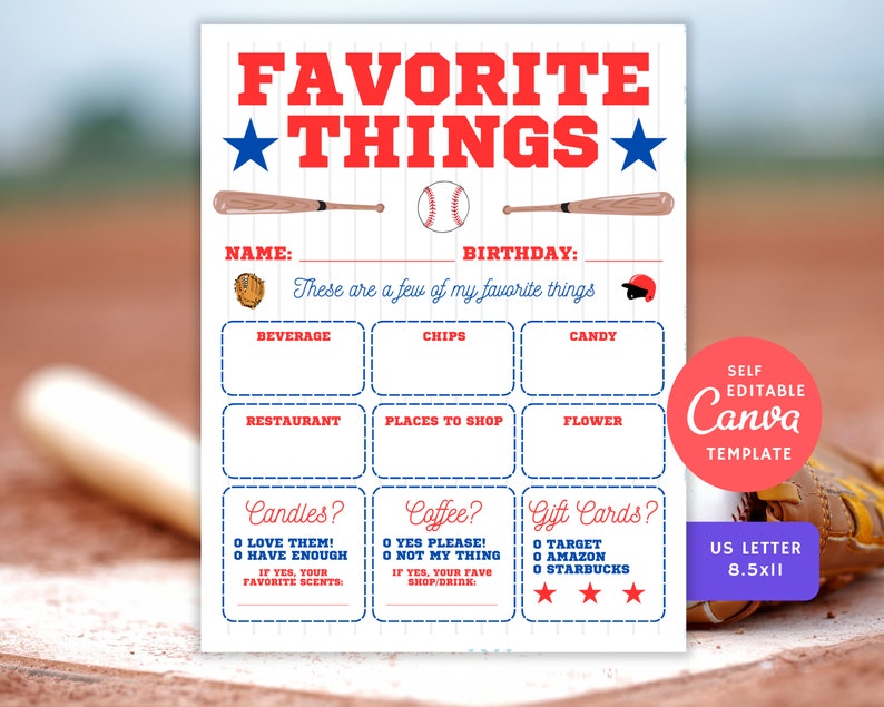 Editable Baseball Teacher Favorite Things Questionaire Flyer Printable ...
