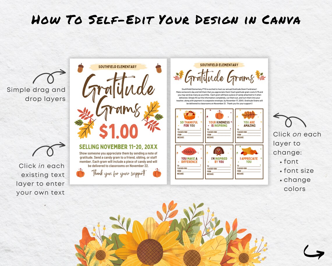 Editable Thanksgiving Gratitude Grams & Flyer Template (canva) - Etsy