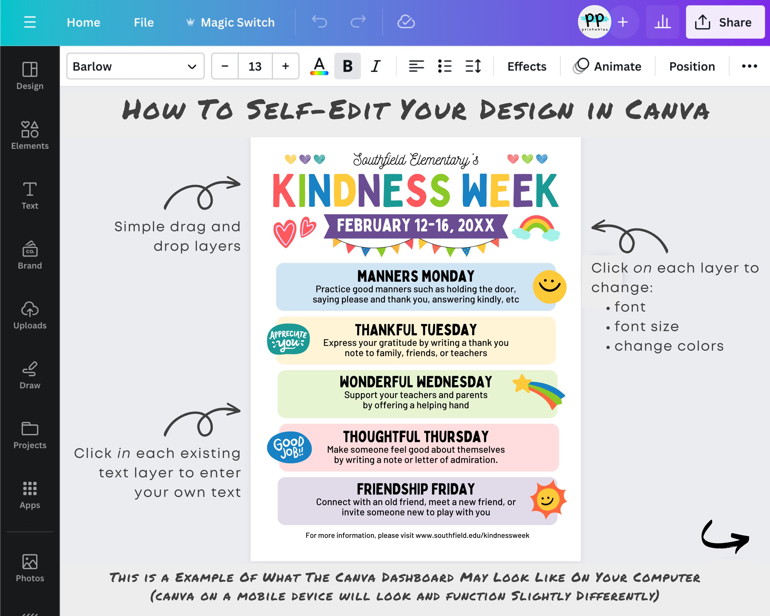 Random Acts of Kindness Flyer, Editable Week Schedule (canva, Digital ...