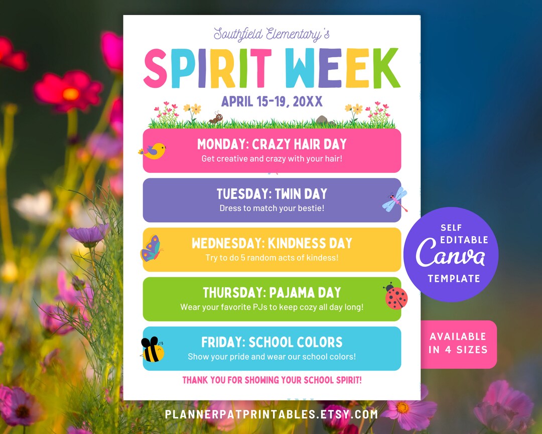 Editable Spring Spirit Week Flyer Canva Template, School Spirit ...