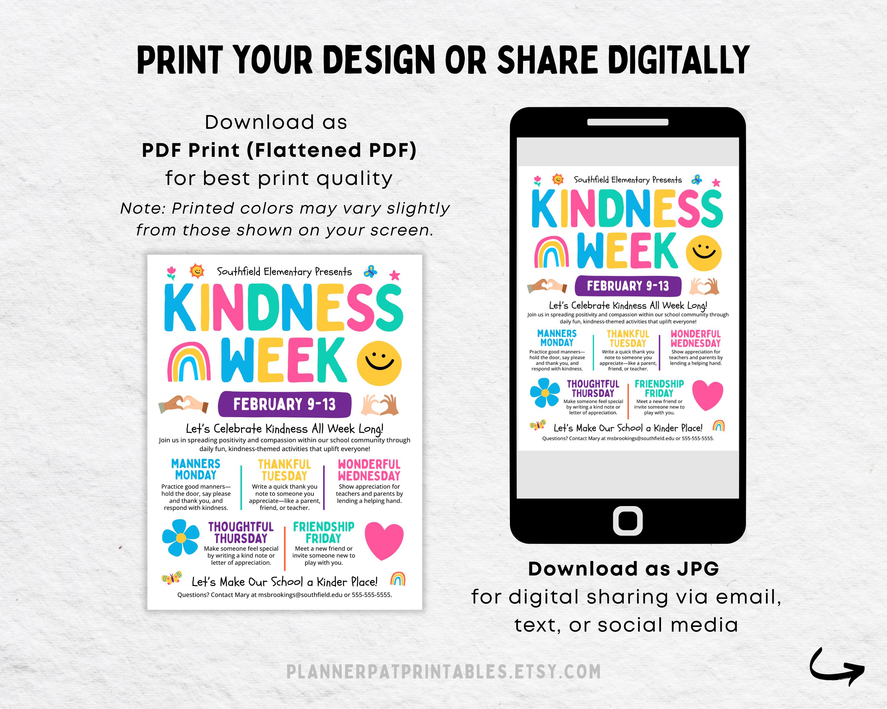 Kindness Week Flyer Template | Elementary School PTO (canva Editable ...