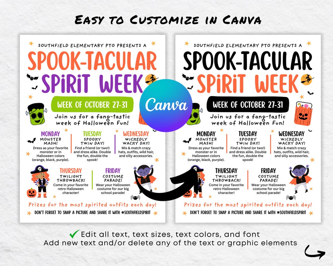 Halloween Spirit Week Flyer: Editable School Dress-up Itinerary (canva ...