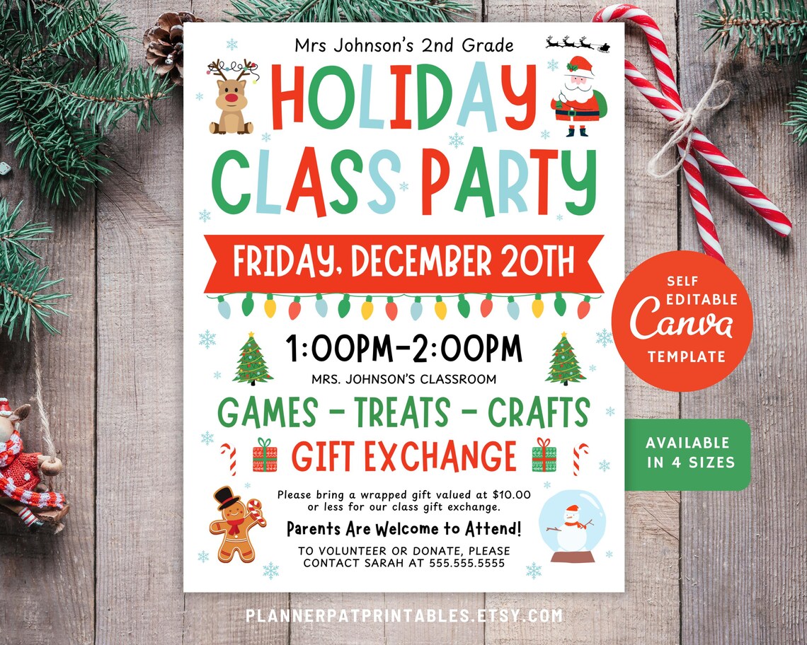 Editable Christmas Class Party Invite, Elementary School Flyer Template ...