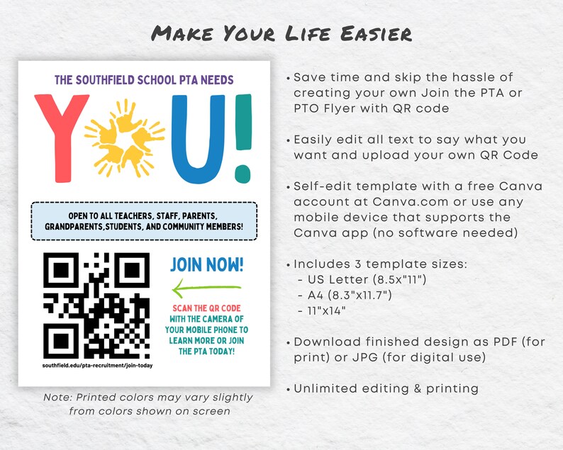 QR Code Join the PTA PTO Flyer Editable Template for Volunteer - Etsy