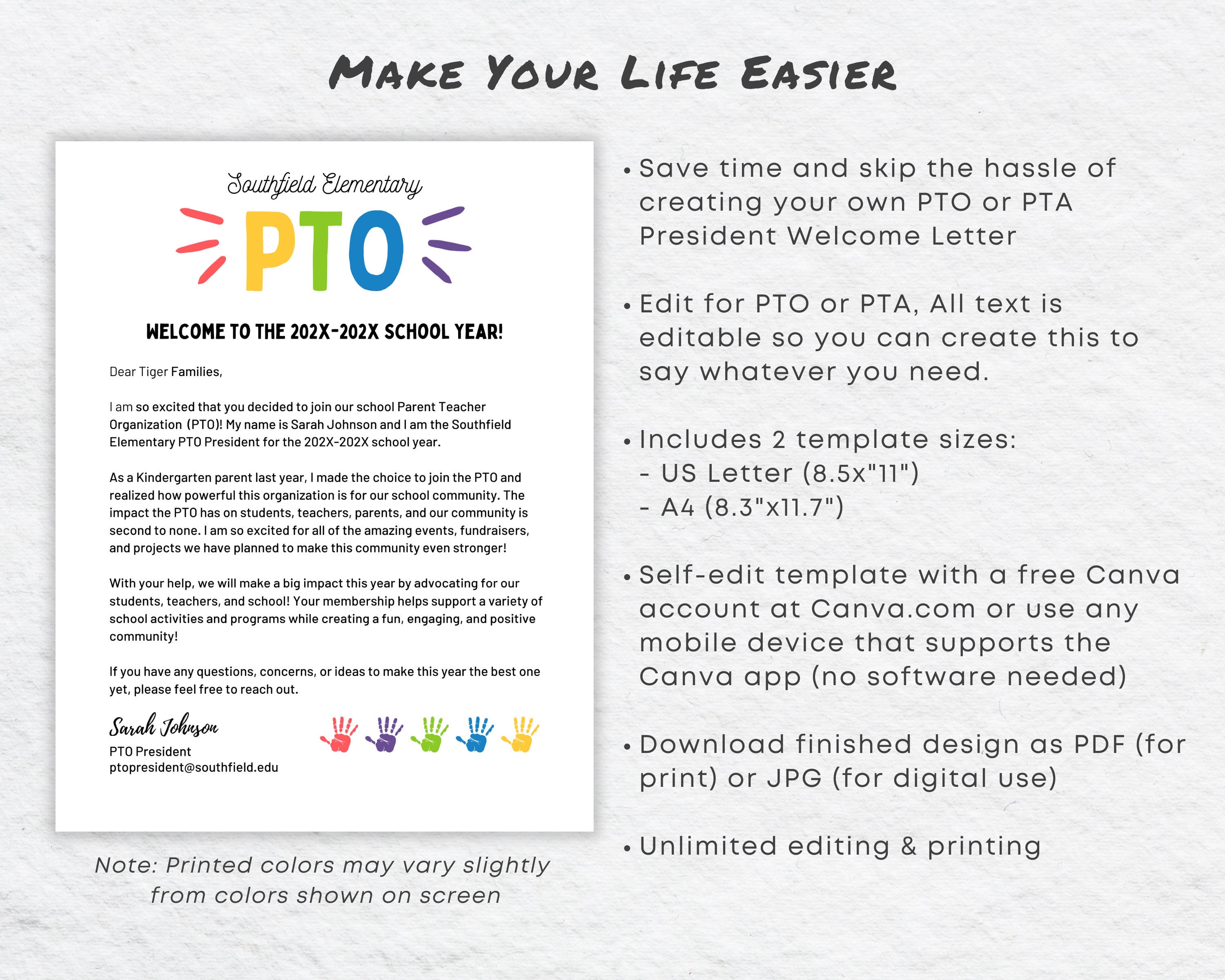 Editable PTO PTA Welcome Letter Template: Minimalist School ...