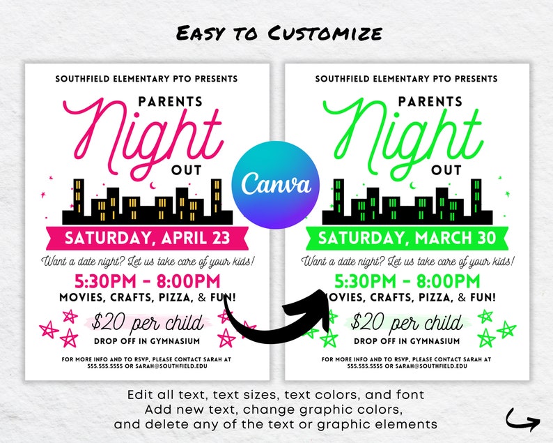 Editable Parents Night Out Flyer Template: Canva School Fundraiser ...
