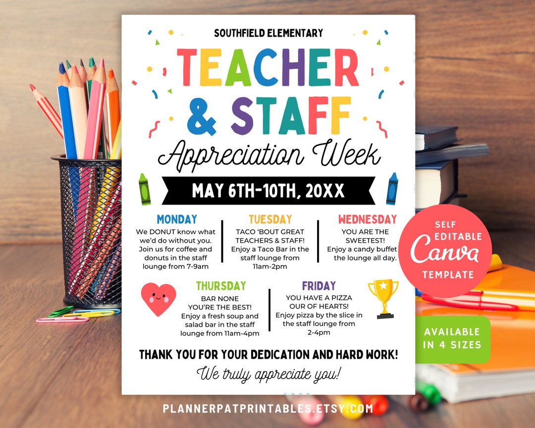 Editable Teacher & Staff Appreciation Week Itinerary Flyer (canva ...