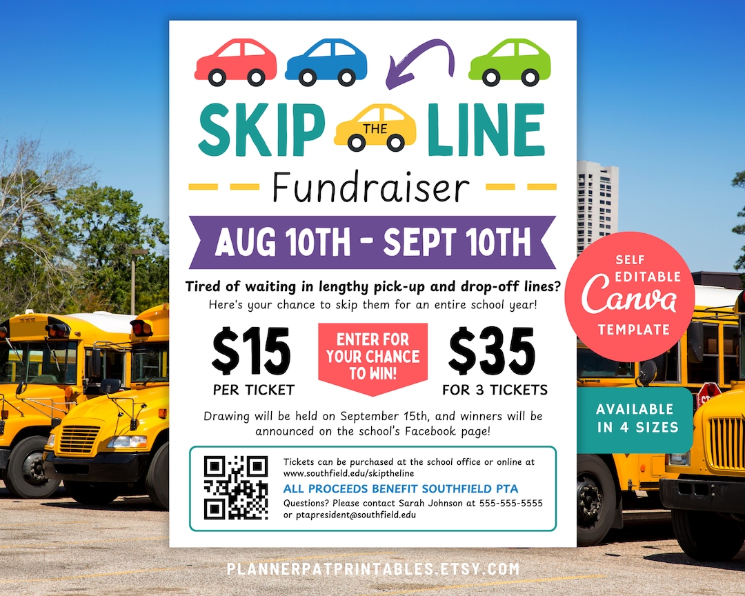 Skip the Line Flyer: Editable School Car Raffle Fundraiser (canva ...