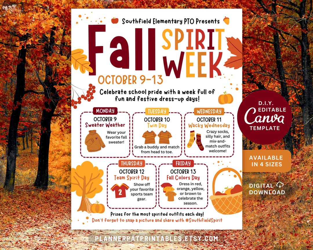 Editable Fall Spirit Week Flyer: Autumn Dress up Schedule (canva ...