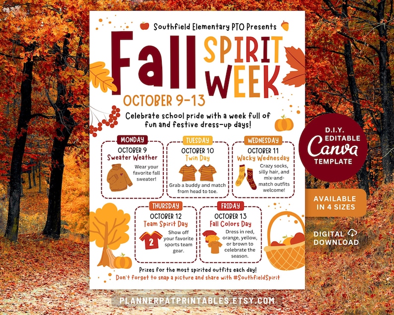 Editable Fall Spirit Week Flyer: Autumn Dress up Schedule (canva ...