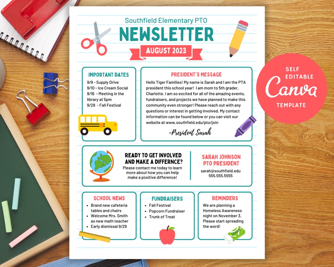 Editable August Newsletter Template: Canva PTA/PTO Back to School Flyer ...