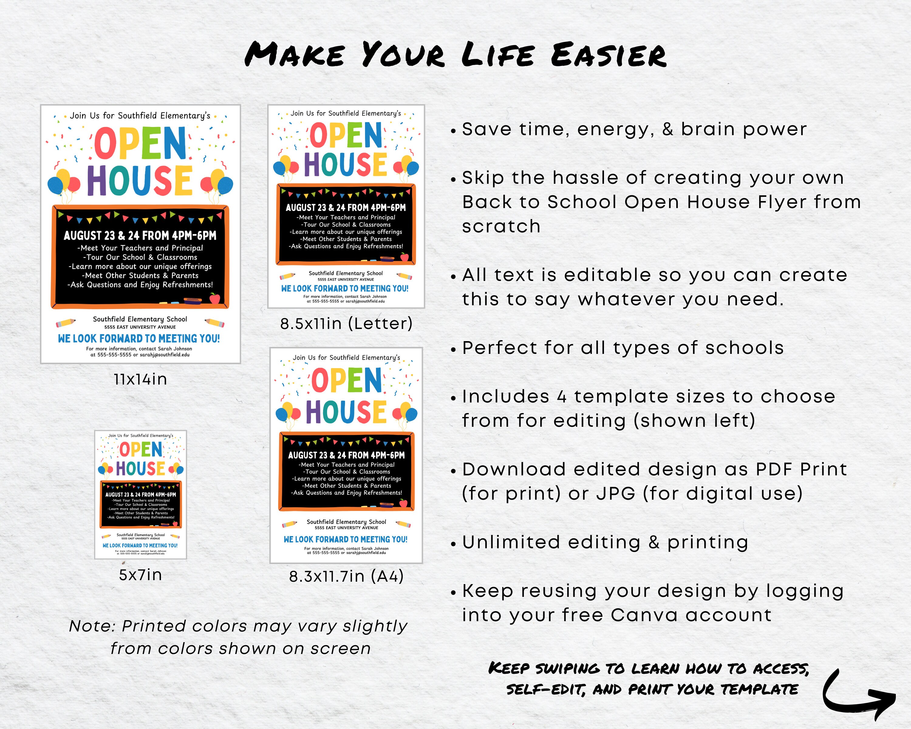 School Open House Flyer Template: Editable Invitation (canva) - Etsy