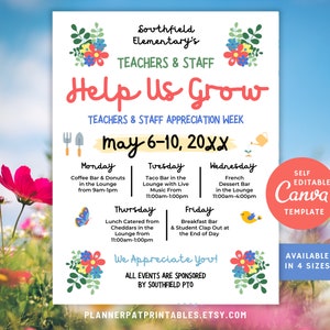 Editable Help Us Grow Theme Teacher & Staff Appreciation Week Flyer ...