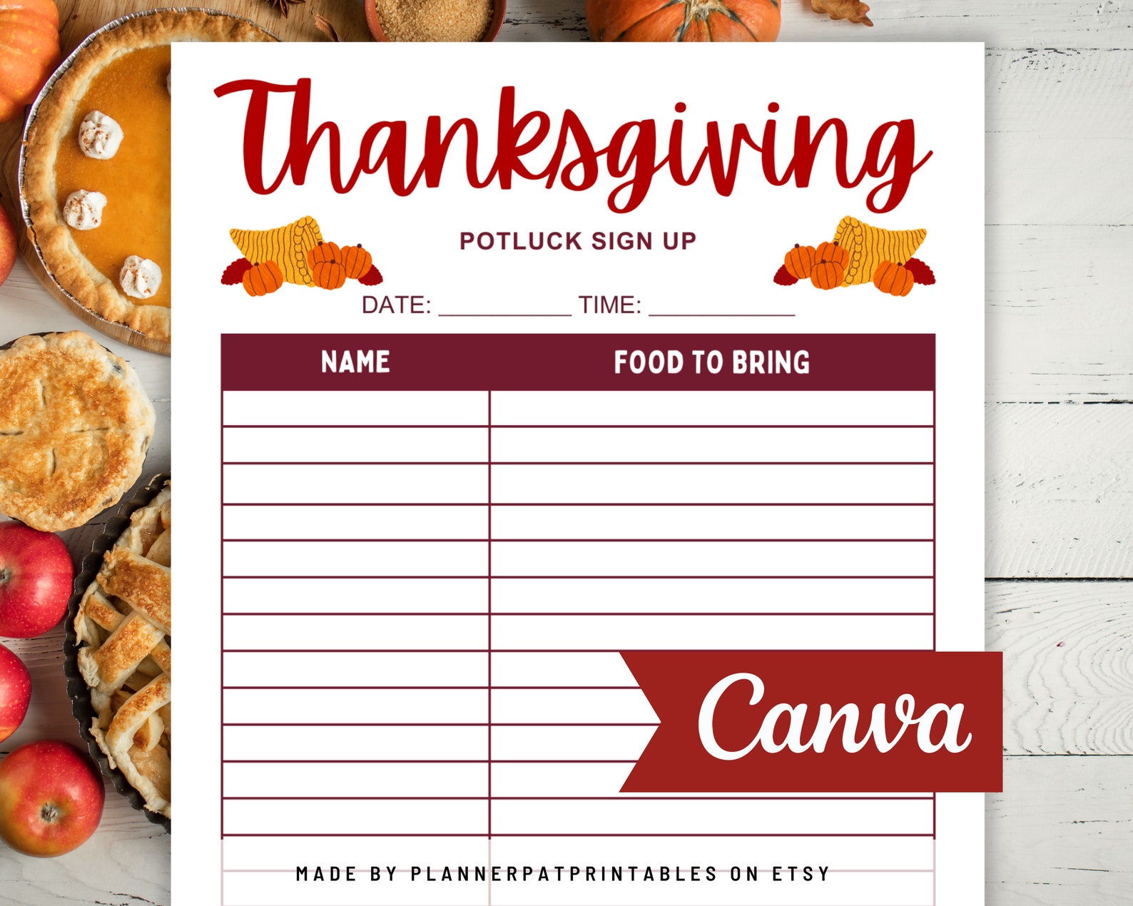 Thanksgiving Potluck Sign up Sheet for Holiday Potluck Party, Canva - Etsy