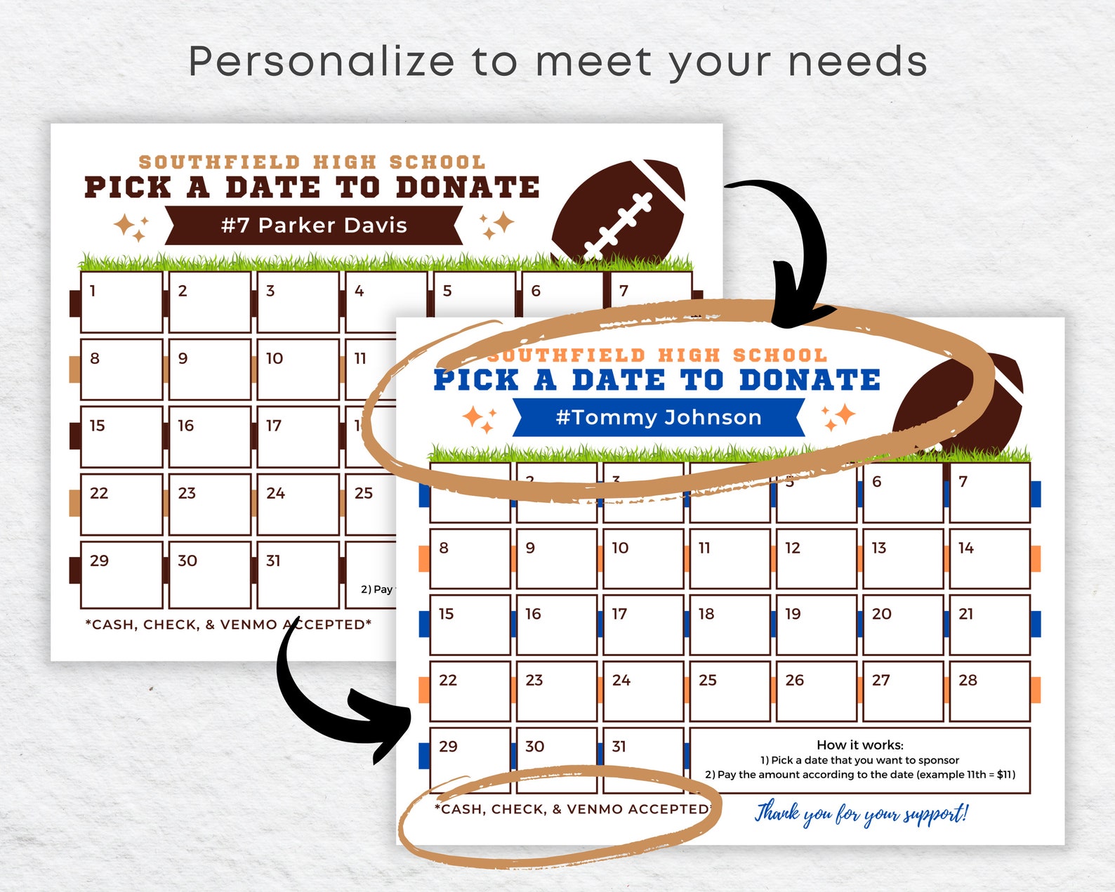 Editable Football Donation Calendar | Pick a Date to Donate Fundraiser ...