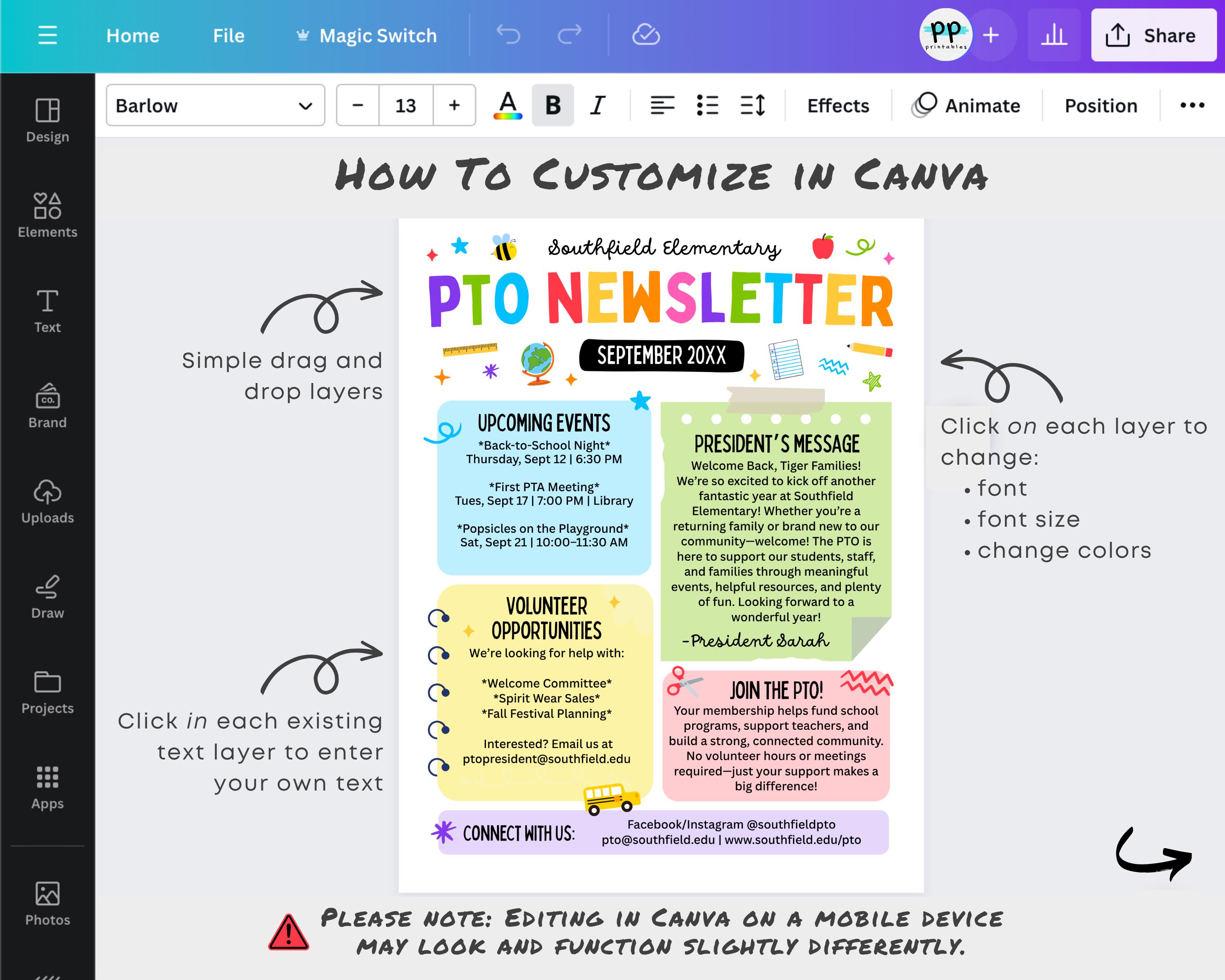 Editable PTO Newsletter Template: Canva PTA School Communication ...