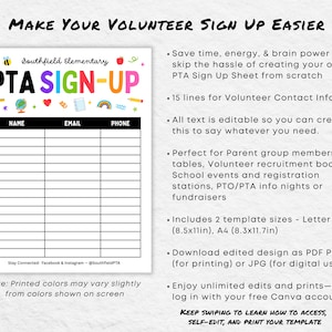 Editable PTO PTA Sign up Sheet Template: Canva Volunteer Form (digital ...