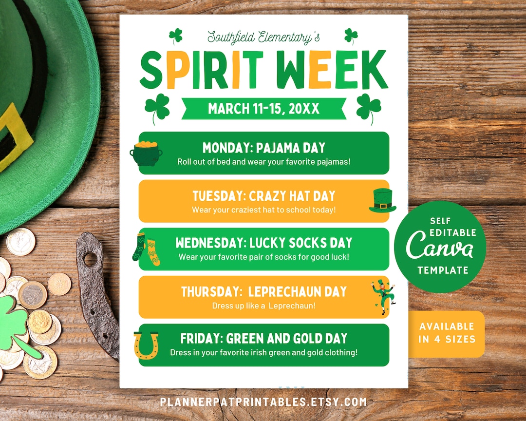 Editable St Patricks Spirit Week Flyer Canva Template, School Spirit ...