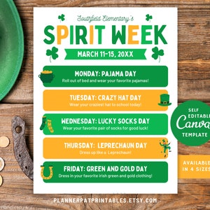 Editable St Patricks Spirit Week Flyer Canva Template, School Spirit ...
