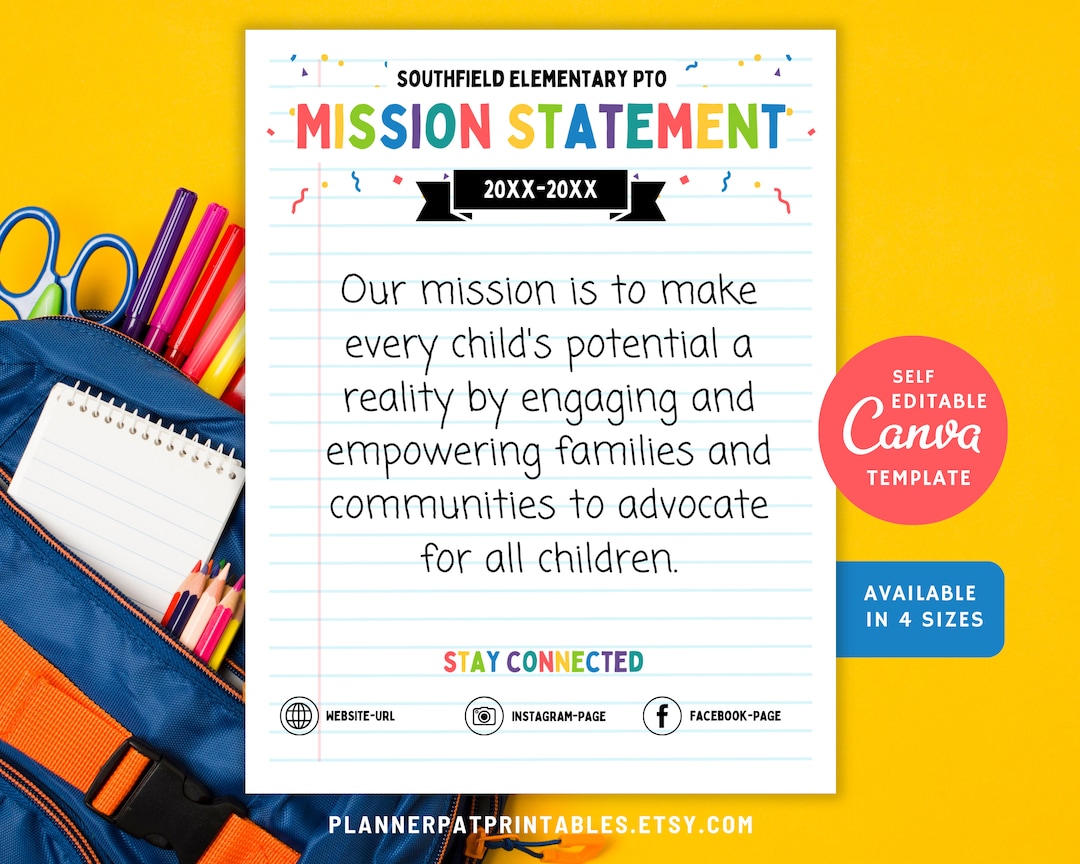 PTA PTO Mission Statement Editable Sign | Canva Template for School ...