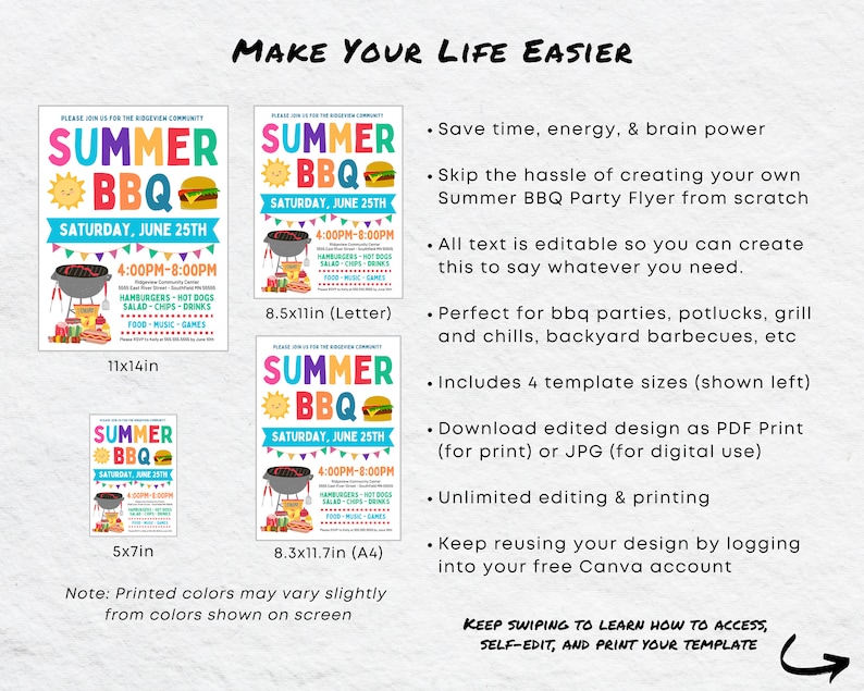Summer BBQ Party Flyer Editable Template, DIY Cookout Invitation, Canva ...
