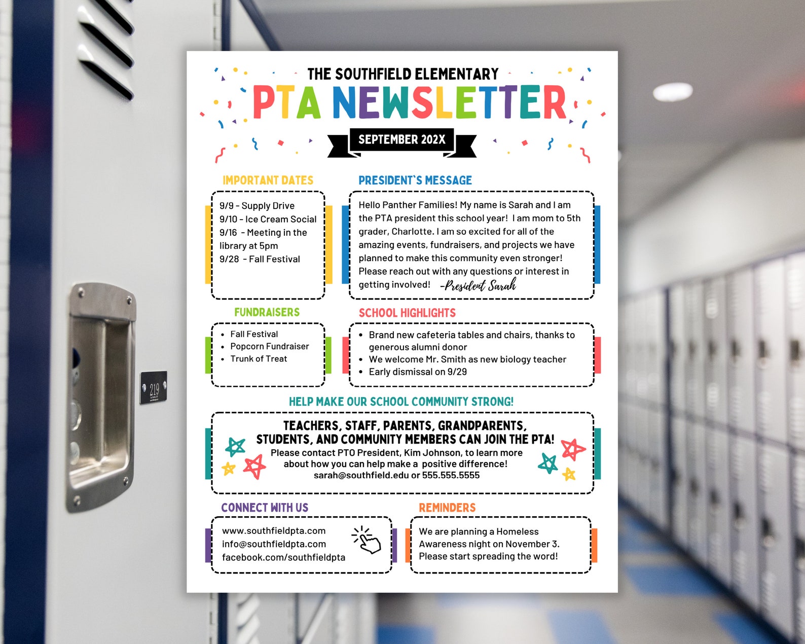 PTA Newsletter Editable Template for Highlighting Monthly School ...
