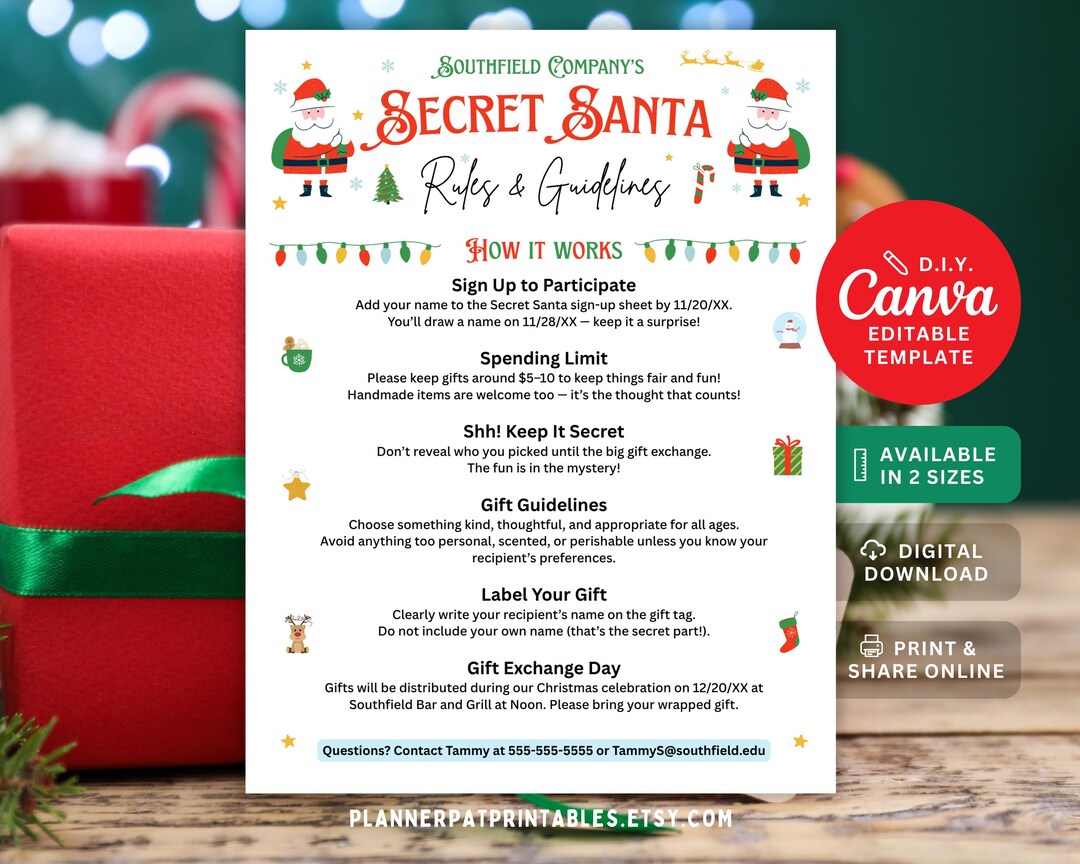 Editable Secret Santa Rules Flyer | Christmas Gift Exchange Guidelines ...