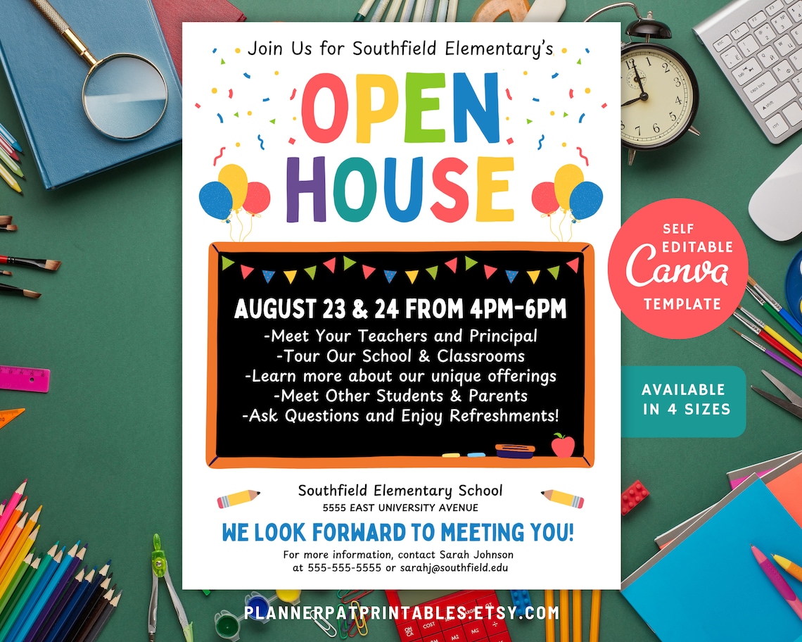 School Open House Flyer Template: Editable Invitation (canva) - Etsy