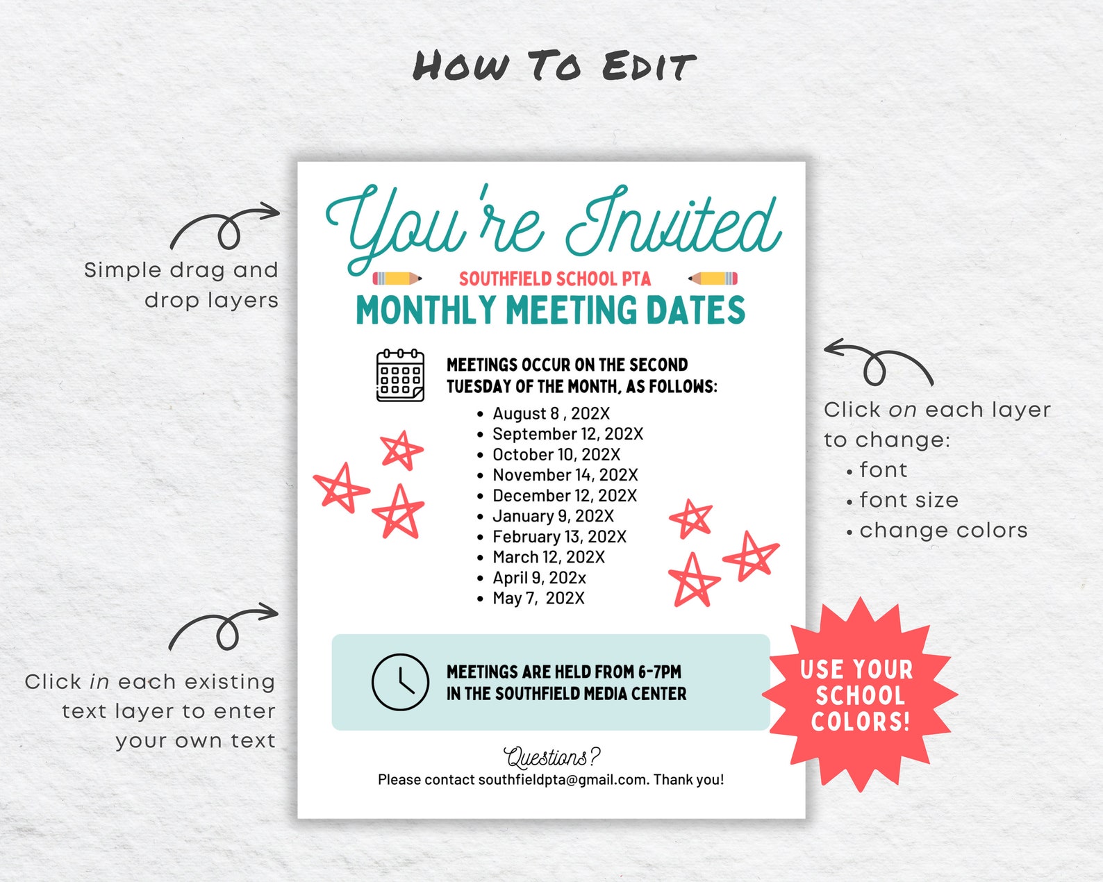 Yearly PTO PTA Meeting Dates Flyer Editable Template for Annual Meeting ...
