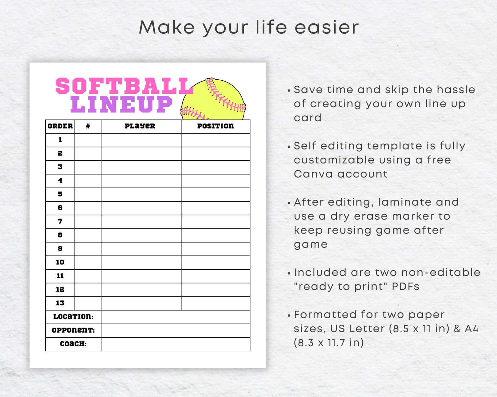 Editable Softball Line up Roster and Batting Order DIY Canva - Etsy
