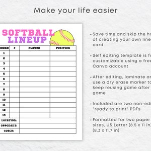 Editable Softball Line up Roster and Batting Order DIY Canva Template ...