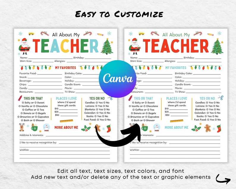 Christmas All About My Teacher Printable, Holiday Favorites Gift ...