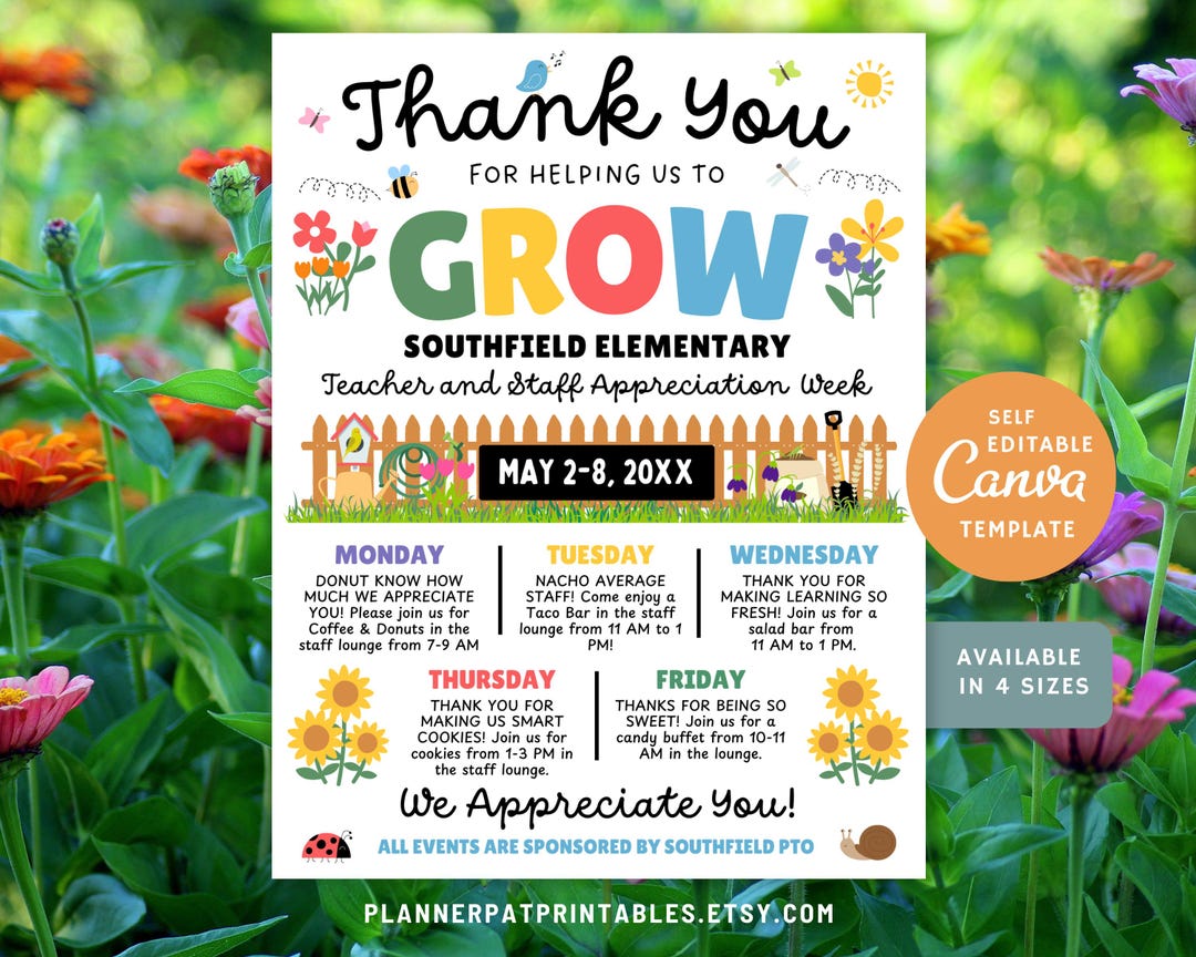 Floral Theme Teacher Appreciation Week Garden Itinerary Flyer (canva ...