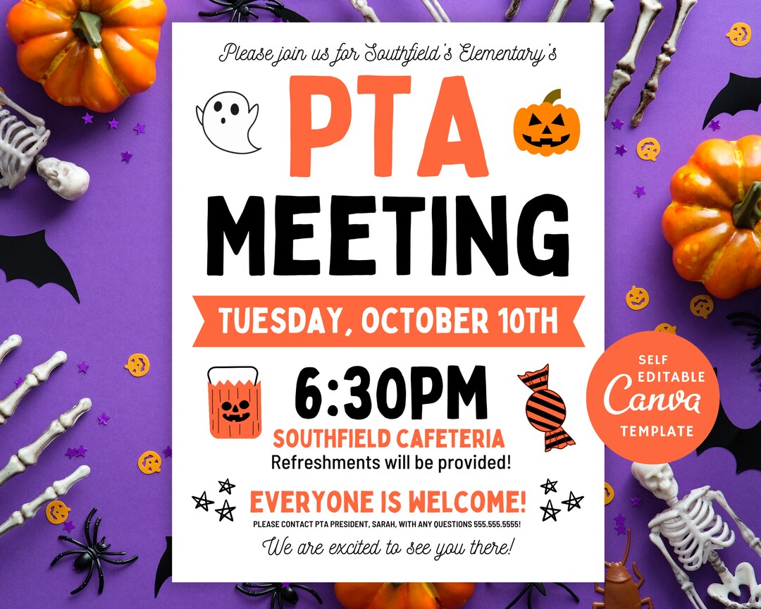 Editable October PTO PTA Meeting Flyer Template Edit in Canva - Etsy