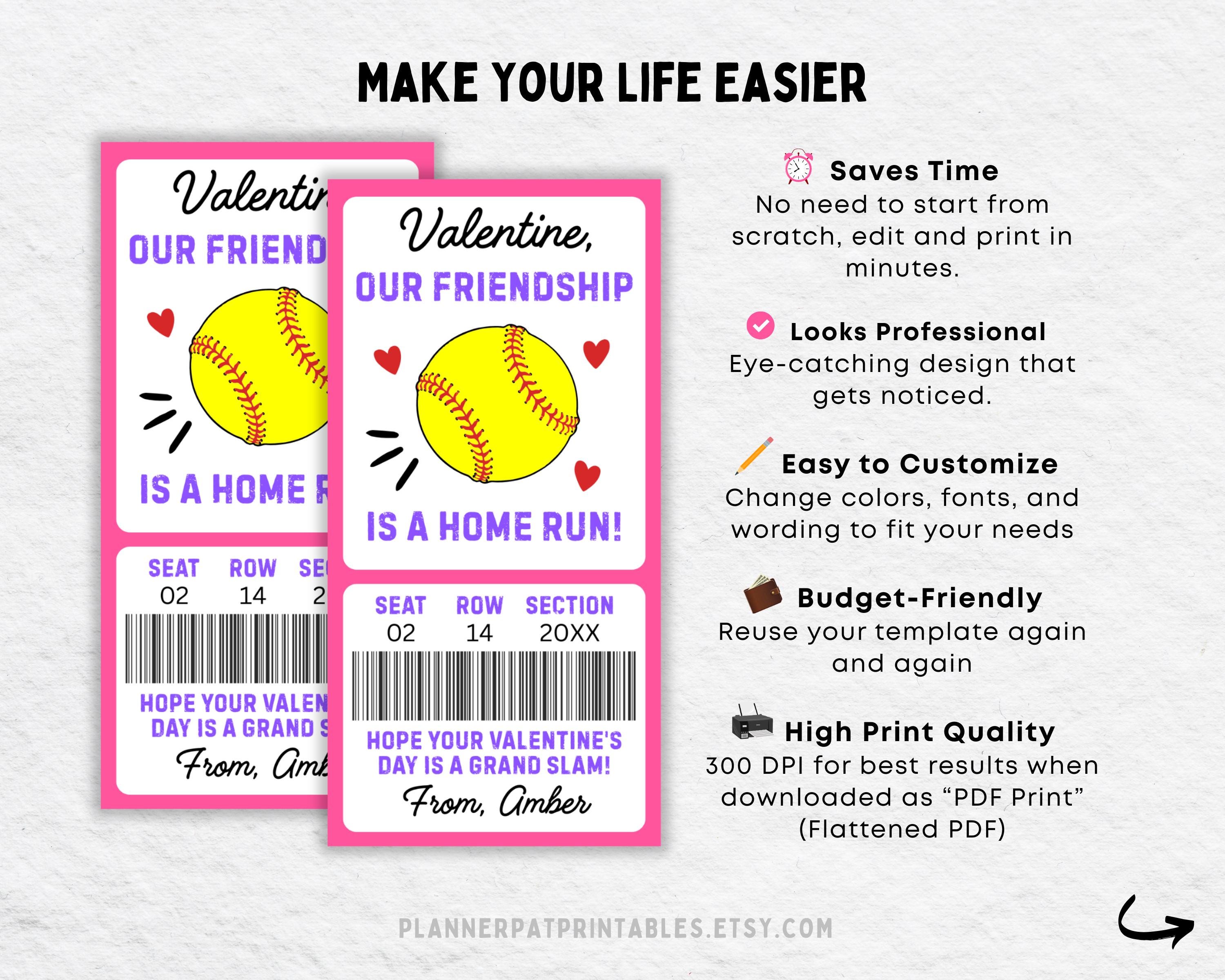 Softball Ticket Valentines for Kids | Classroom Exchange Cards ...