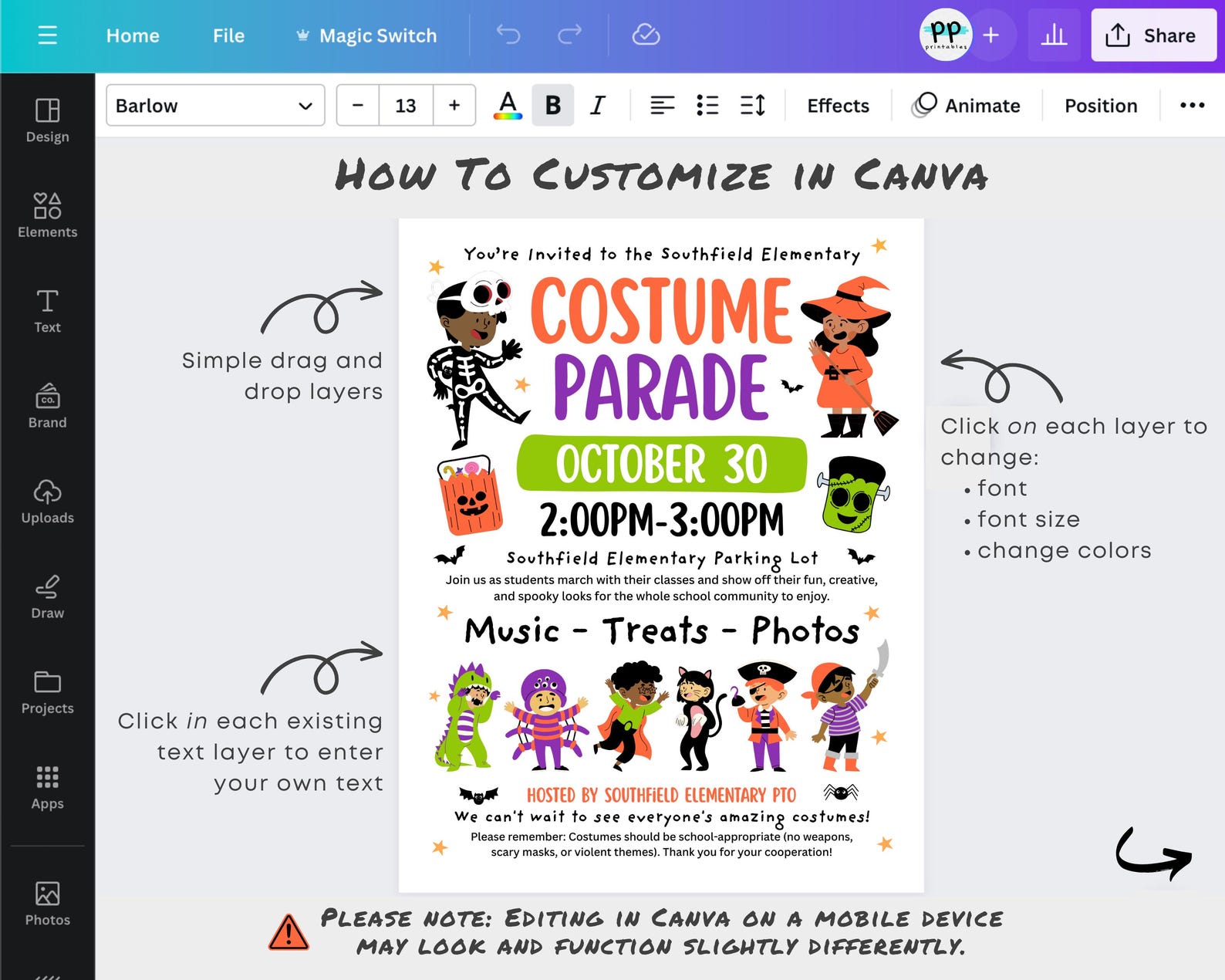 Editable Halloween Costume Parade Flyer Canva Template | Elementary ...