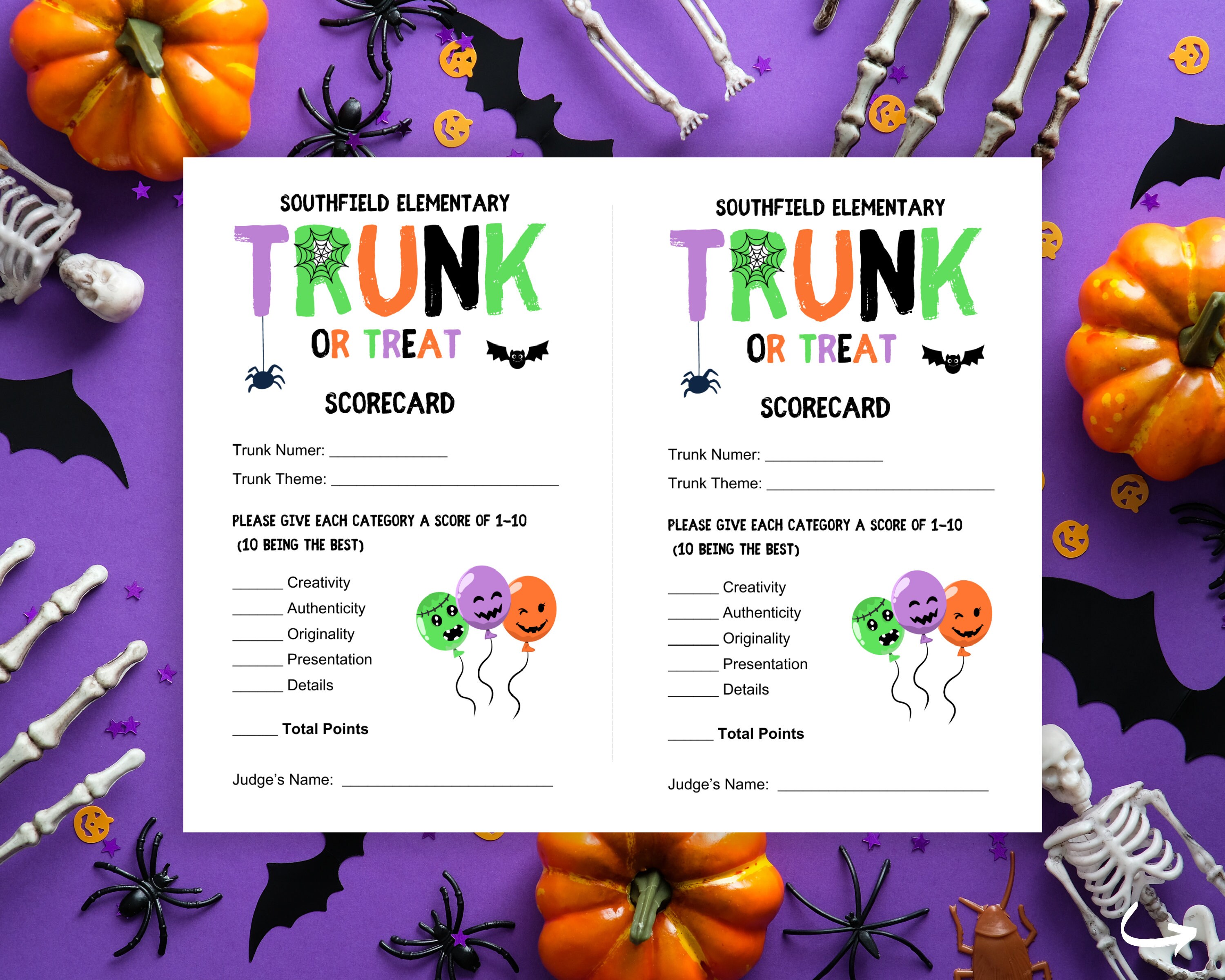 Editable Trunk or Treat Scorecard, DIY Halloween Scoring Sheet ...