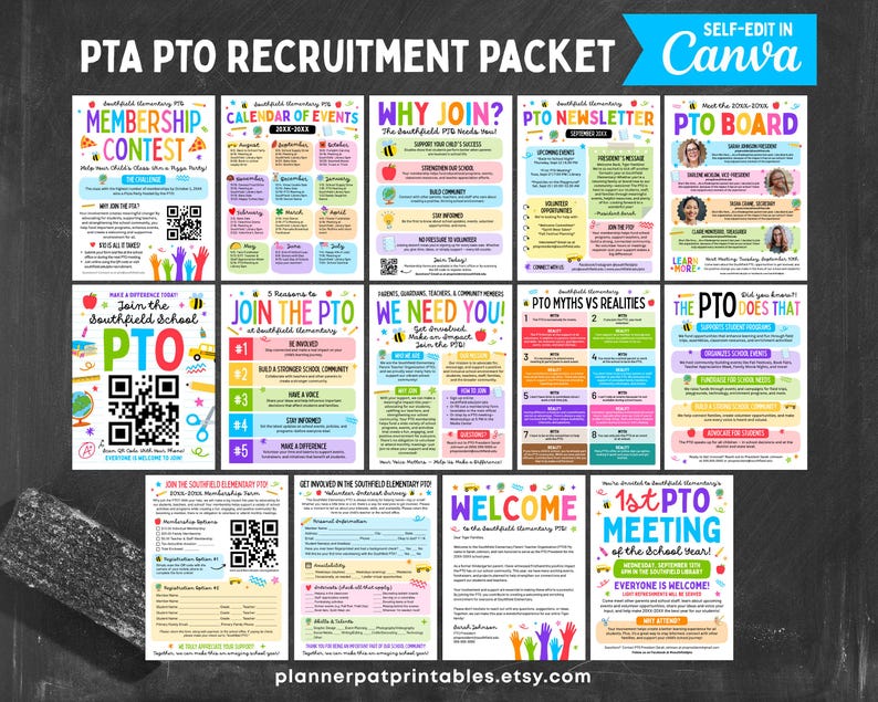 Editable PTA PTO Recruitment Packet: 14 Canva Templates School Bundle ...