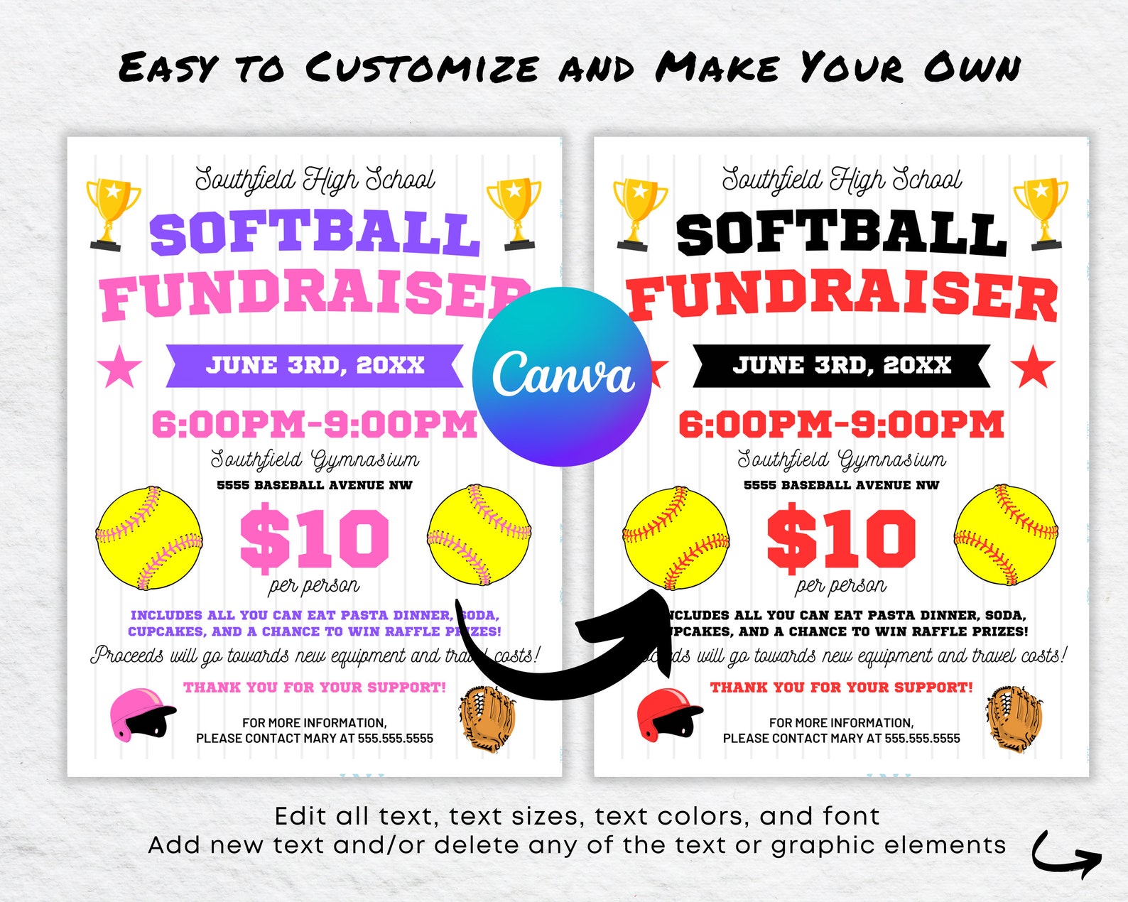 Editable Softball Fundraiser Flyer Template: Canva Raffle Poster ...
