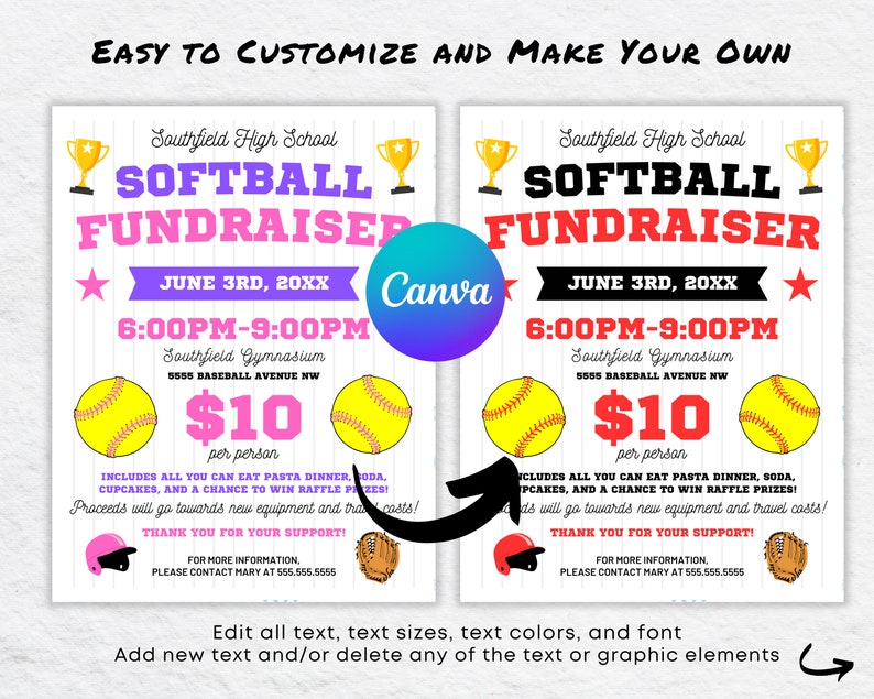 Editable Softball Fundraiser Flyer Template: Canva Raffle Poster ...