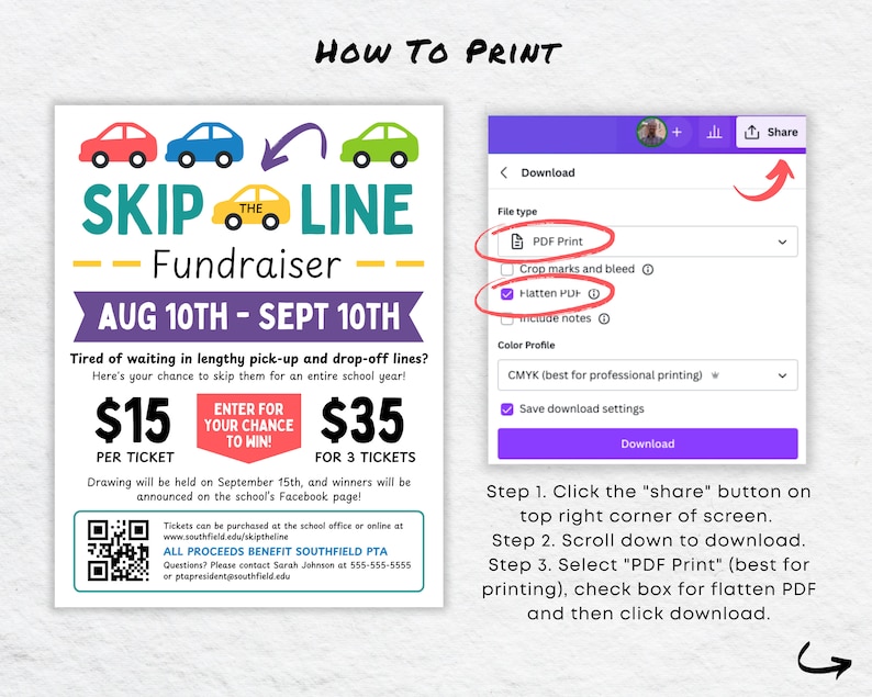 Skip the Line Flyer: Editable School Car Raffle Fundraiser (canva ...